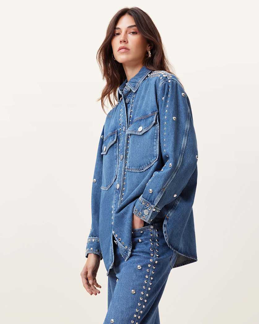 Alba Studded Oversized Denim Shirt Mid Indigo | ALLSAINTS US